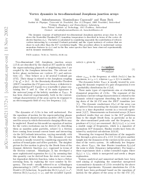 (PDF) Vortex dynamics in two-dimensional Josephson junction arrays