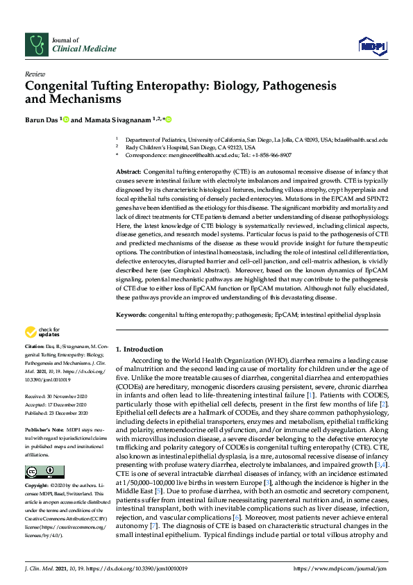 (PDF) Congenital Tufting Enteropathy: Biology, Pathogenesis and Mechanisms