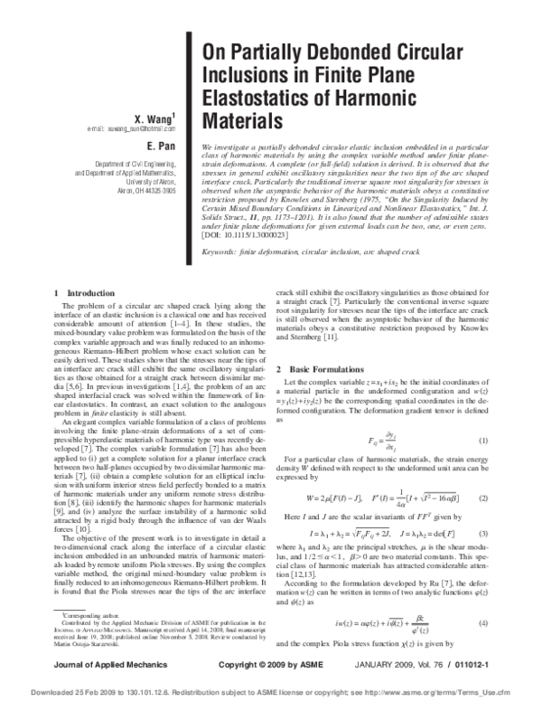 (PDF) On Partially Debonded Circular Inclusions in Finite Plane Elastostatics of Harmonic Materials