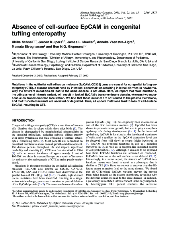 (PDF) Absence of cell-surface EpCAM in congenital tufting enteropathy