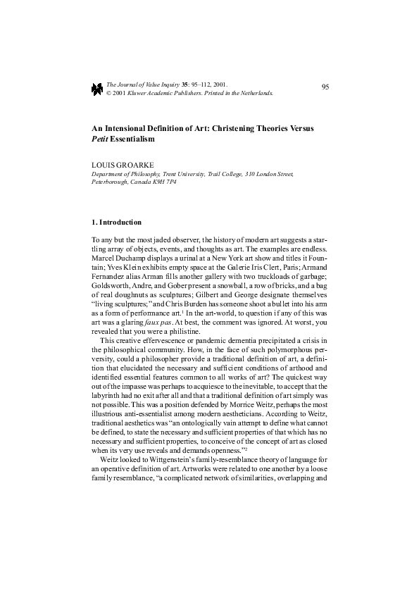 (PDF) An Intensional Definition of Art: Christening Theories Versus ...