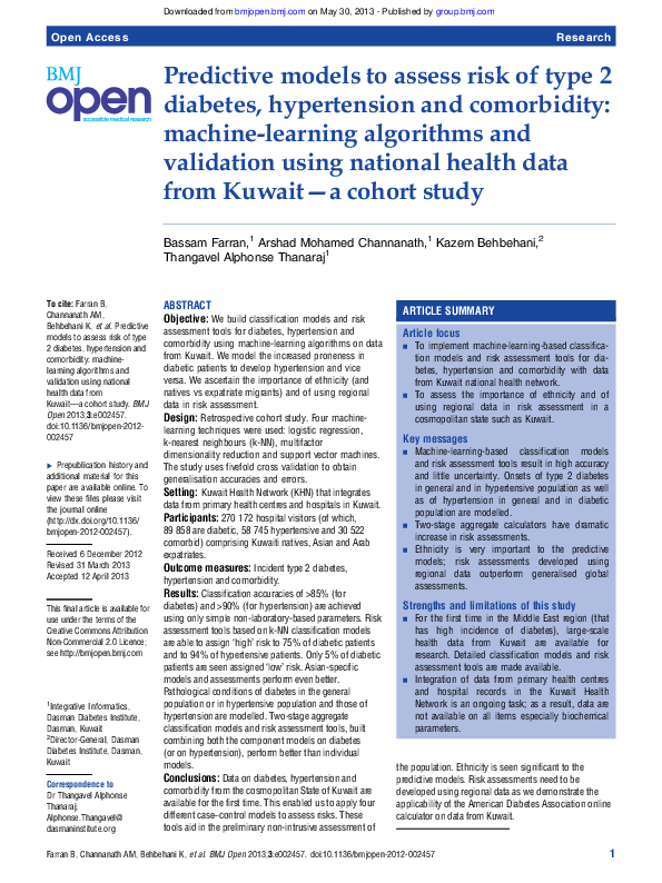(PDF) Predictive models to assess risk of type 2 diabetes, hypertension ...