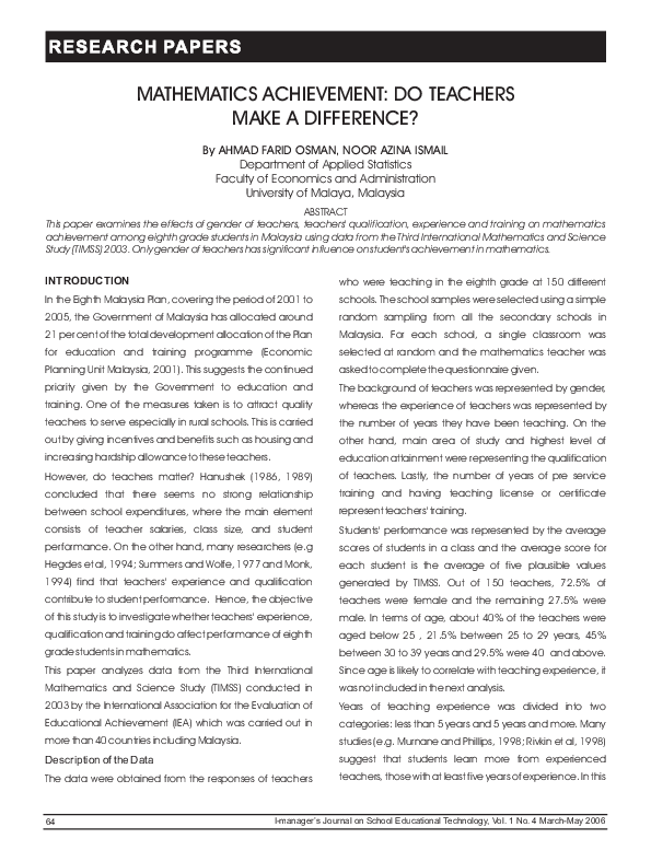 (PDF) Mathematics Achievement: Do Teachers Make a Difference?