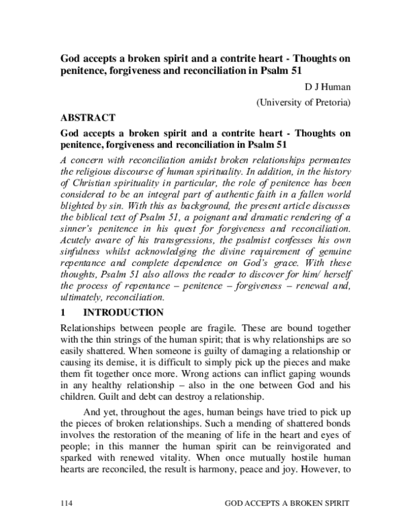 (PDF) God accepts a broken spirit and a contrite heart - Thoughts on penitence, forgiveness and ...