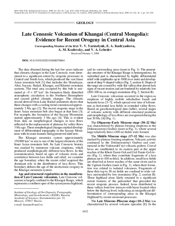 (PDF) Late Cenozoic volcanism of Khangai (Central Mongolia): Evidence for recent orogeny in ...