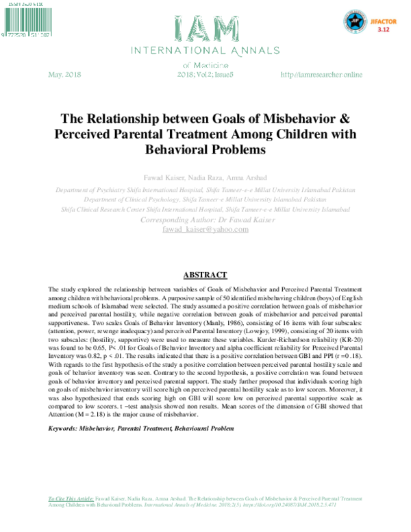 (PDF) The Relationship between Goals of Misbehavior Perceived Parental ...