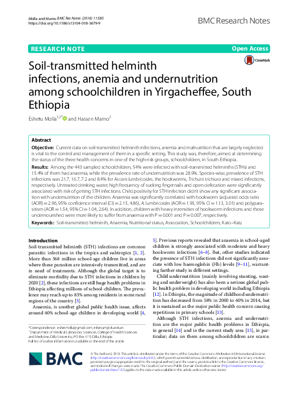 (PDF) Soil-transmitted helminth infections, anemia and undernutrition among schoolchildren in ...