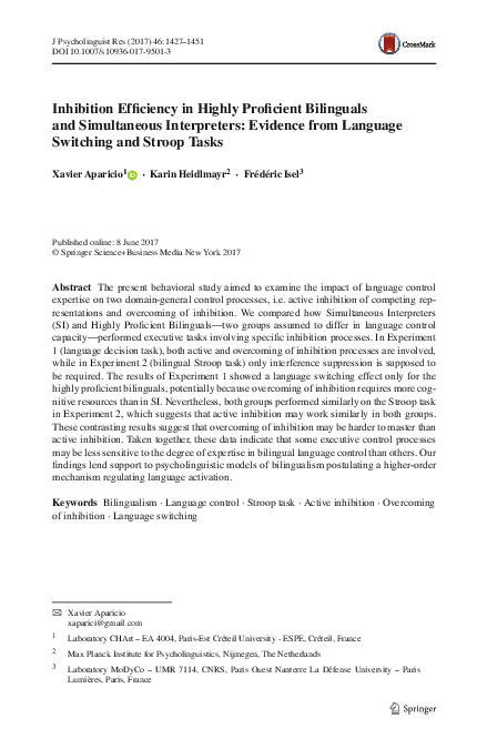 (PDF) Inhibition Efficiency in Highly Proficient Bilinguals and Simultaneous Interpreters ...