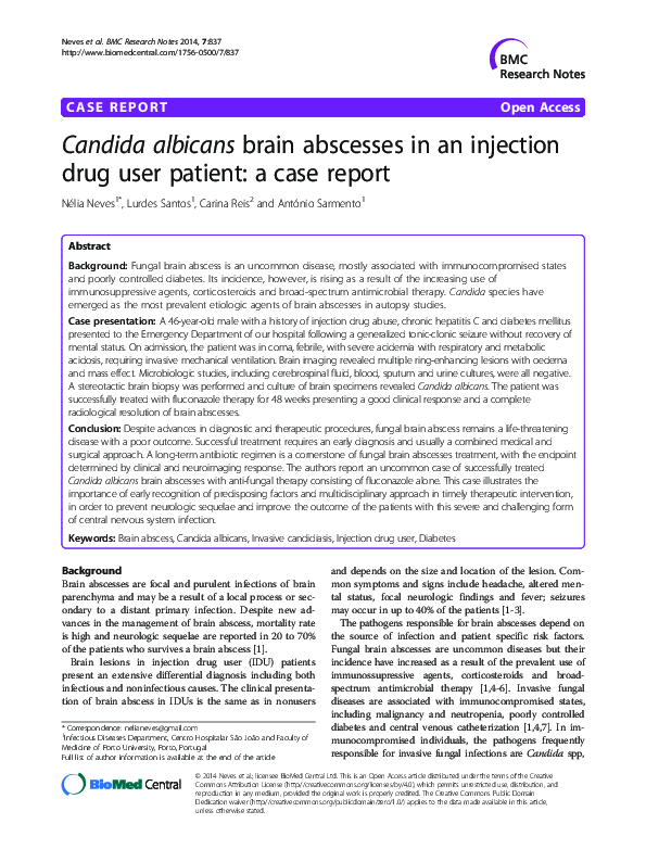 (PDF) Candida albicans brain abscesses in an injection drug user patient: a case report