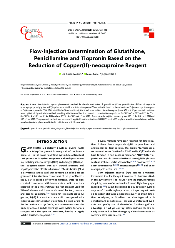 Pdf Flow Injection Determination Of Glutathione Penicillamine And Tiopronin Based On The