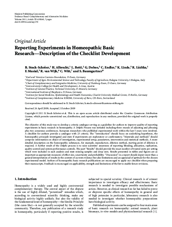 (PDF) Reporting Experiments in Homeopathic Basic Research—Description of the Checklist Development