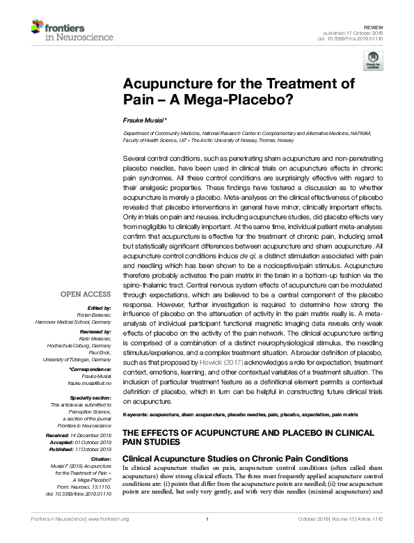 (PDF) Acupuncture for the Treatment of Pain – A Mega-Placebo?