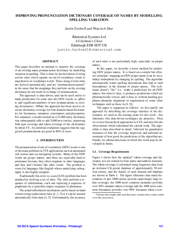 (PDF) Improving Pronunciation Dictionary Coverage Of Names By Modelling ...