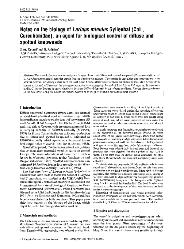 (PDF) Notes on the biology of Larinus minutus Gyllenhal (Col ...