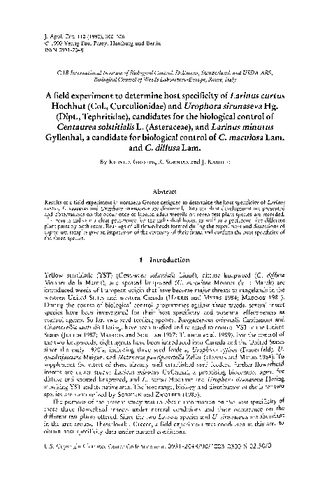 (PDF) A field experiment to determine host specificity of Larinus ...