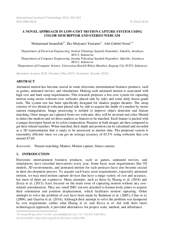(PDF) A Novel Approach in Low-cost Motion Capture System using Color Descriptor and Stereo Webcam