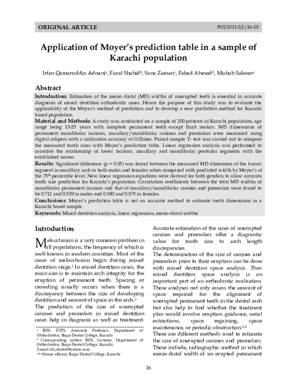 (PDF) Application of Moyer’s prediction table in a sample of Karachi ...