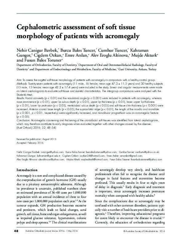 (PDF) Cephalometric assessment of soft tissue morphology of patients with acromegaly