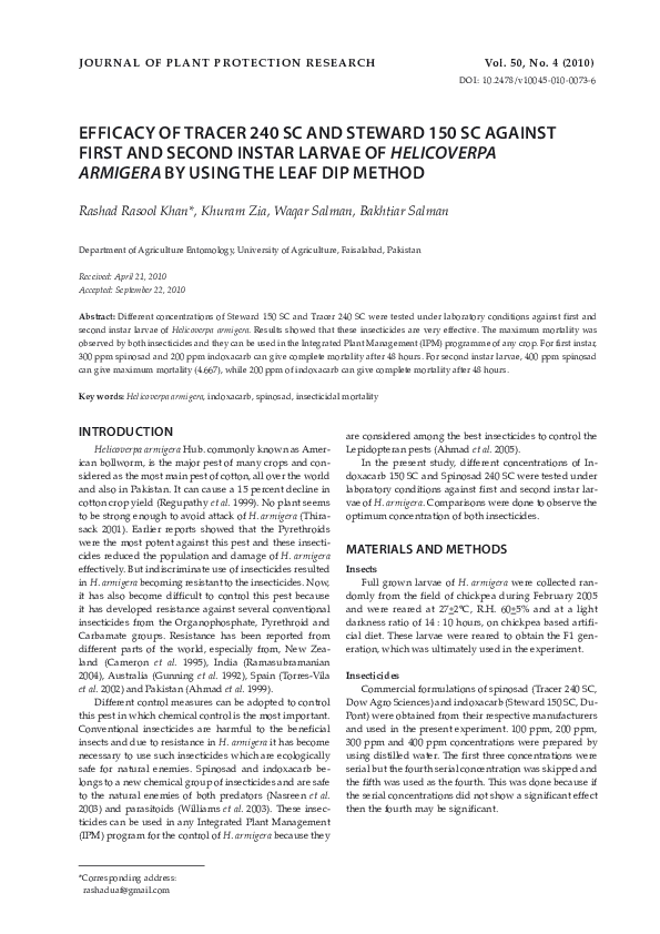 (PDF) Efficacy of Tracer 240 SC and Steward 150 SC Against First and ...