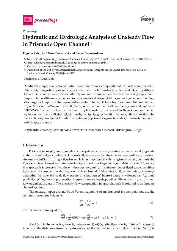 (PDF) Hydraulic and Hydrologic Analysis of Unsteady Flow in Prismatic ...
