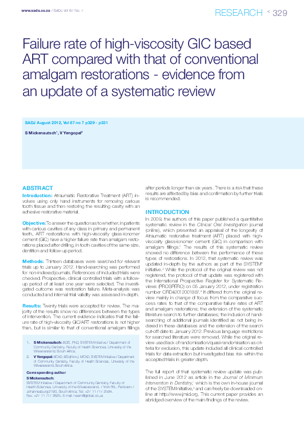 (PDF) Failure rate of high-viscosity GIC based AR T compared with that ...