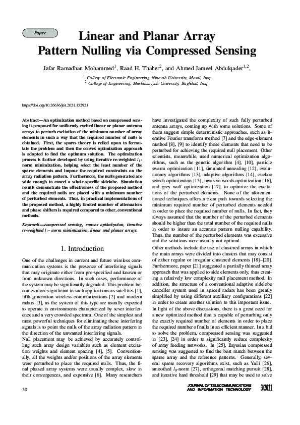 Pdf Linear And Planar Array Pattern Nulling Via Compressed Sensing