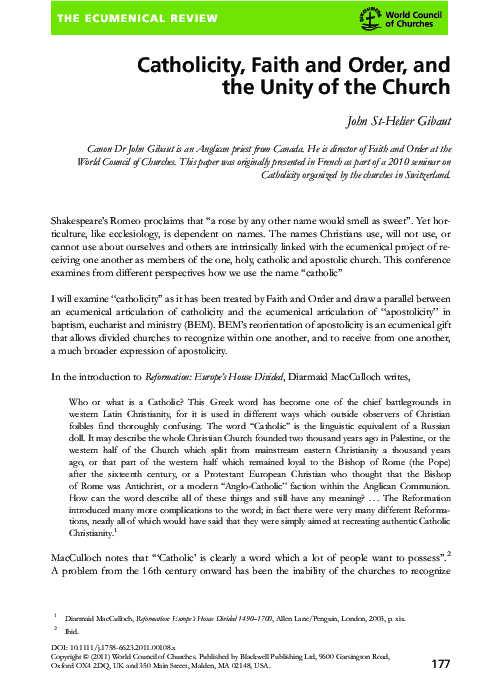 (PDF) Catholicity, Faith and Order, and the Unity of the Church