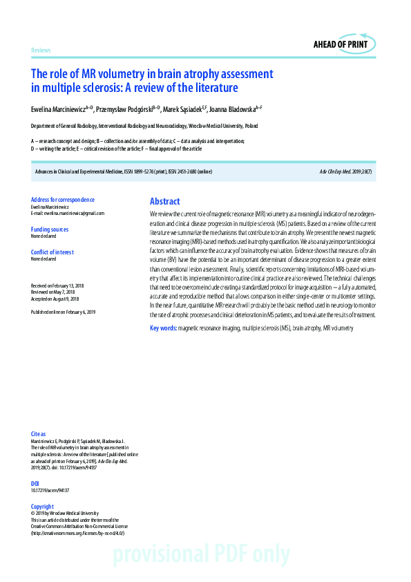 (PDF) The role of MR volumetry in brain atrophy assessment in multiple sclerosis: A review of ...