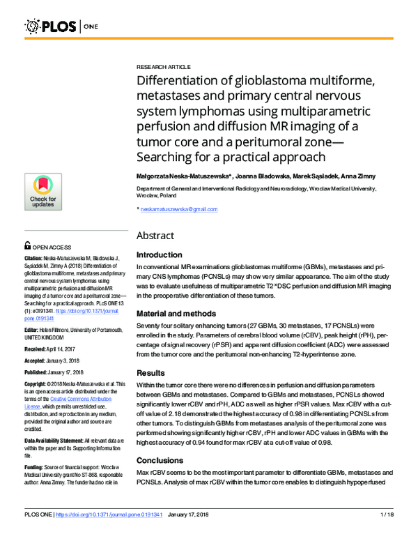 (PDF) Differentiation of glioblastoma multiforme, metastases and primary central nervous system ...