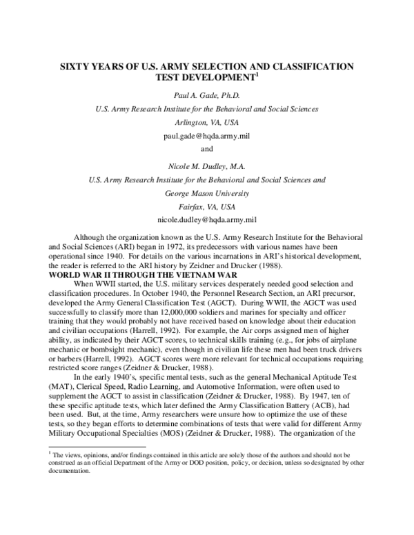 (PDF) Sixty Years of US Army Selection and Classification Test Development