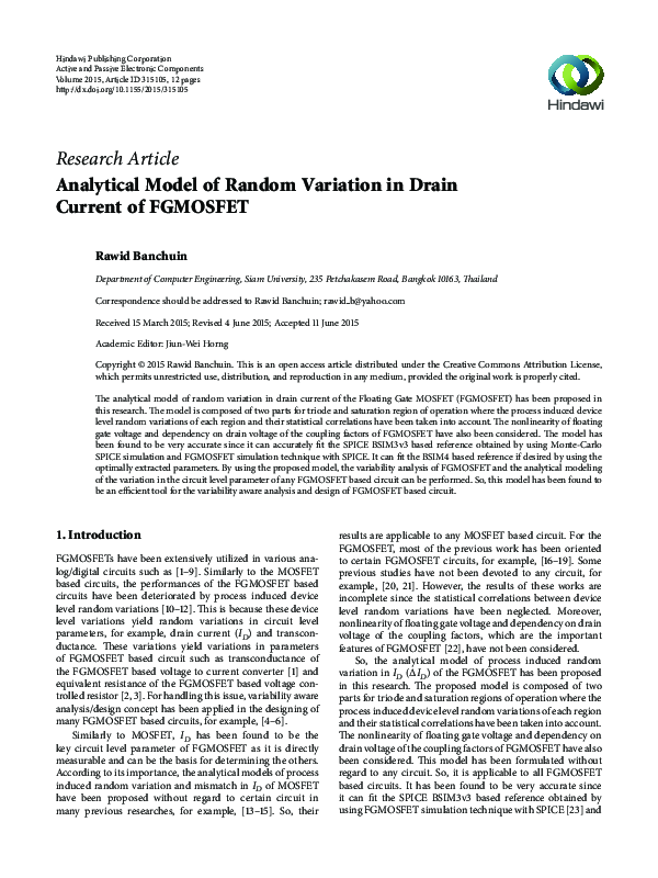 (PDF) Analytical Model of Random Variation in Drain Current of FGMOSFET