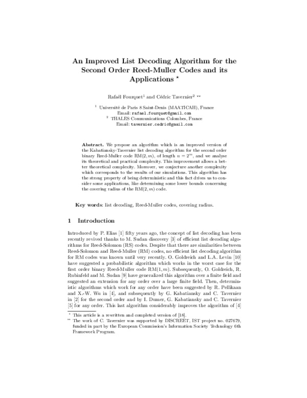 Pdf An Improved List Decoding Algorithm For The Second Order Reedmuller Codes And Its 