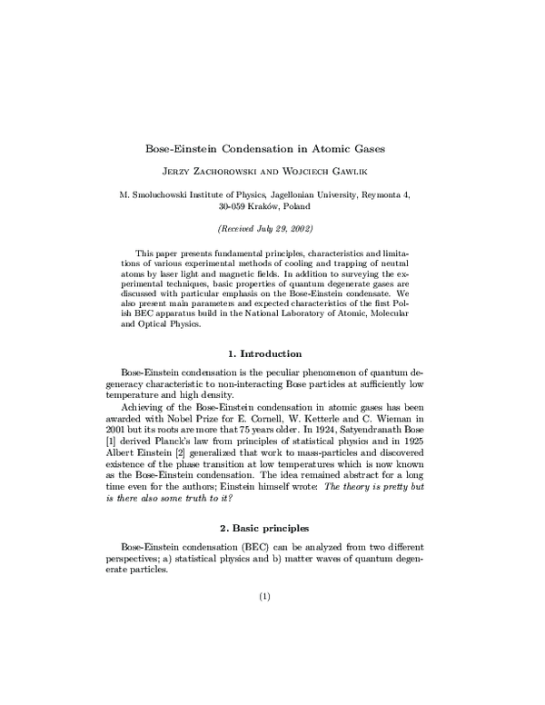 (PDF) Bose-Einstein Condensation in Atomic Gases