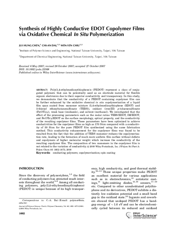 (PDF) Synthesis of highly conductive EDOT copolymer films via oxidative ...