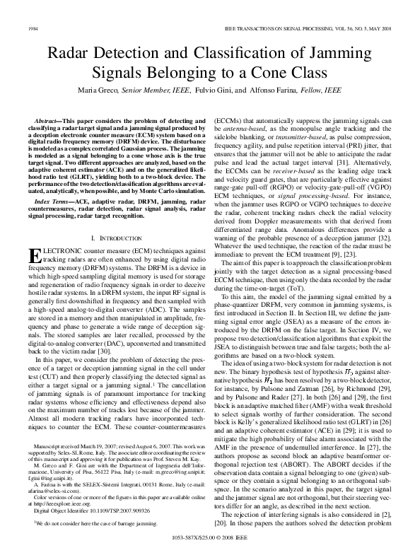 Pdf Radar Detection And Classification Of Jamming Signals Belonging