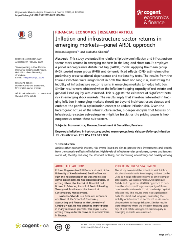 Pdf Inflation And Infrastructure Sector Returns In Emerging Markets—panel Ardl Approach