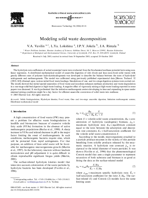 (PDF) Modeling solid waste decomposition