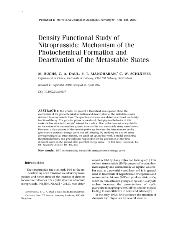 (PDF) Density functional study of nitroprusside: Mechanism of the ...