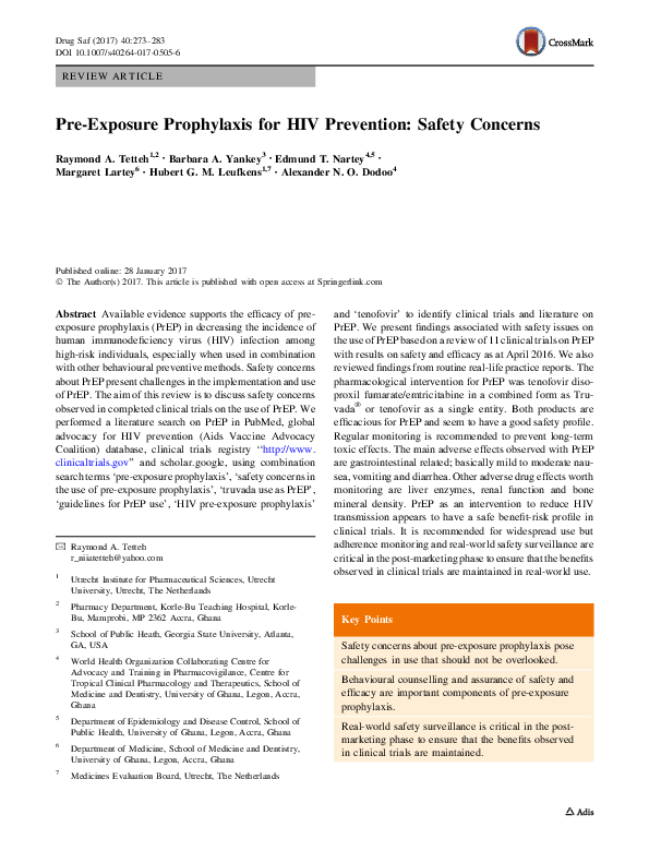 (PDF) Pre-Exposure Prophylaxis for HIV Prevention: Safety Concerns