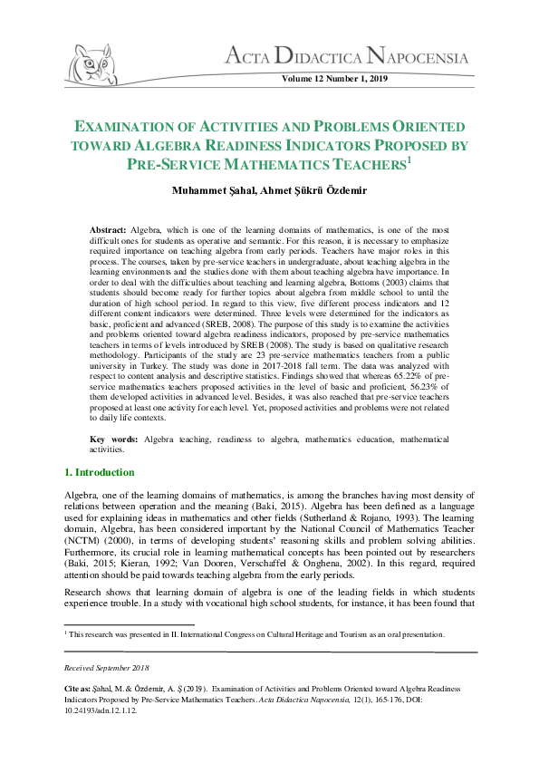 (PDF) Examination of Activities and Problems Oriented toward Algebra Readiness Indicators ...
