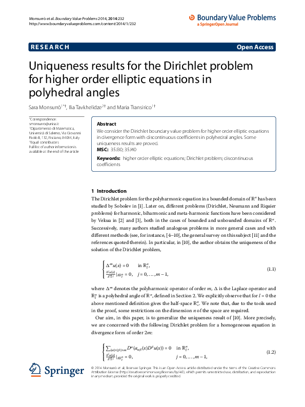 (PDF) Uniqueness results for the Dirichlet problem for higher order elliptic equations in ...