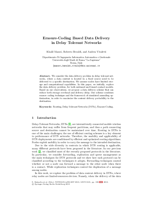 Pdf Erasure Coding Based Data Delivery In Delay Tolerant Networks 