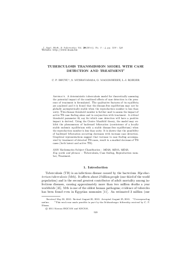 Pdf Tuberculosis Transmission Model With Case Detection And Treatment S Mushayabasa