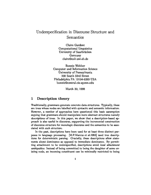 (PDF) Underspecification in Discourse Structure and Semantics