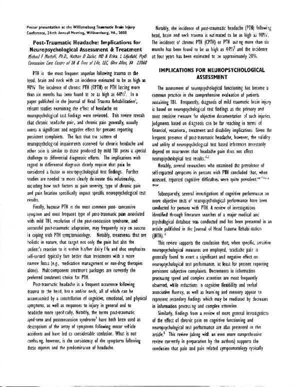 (PDF) Post-Traumatic Headache: Implications for Neuropsychological Assessment & Treatment