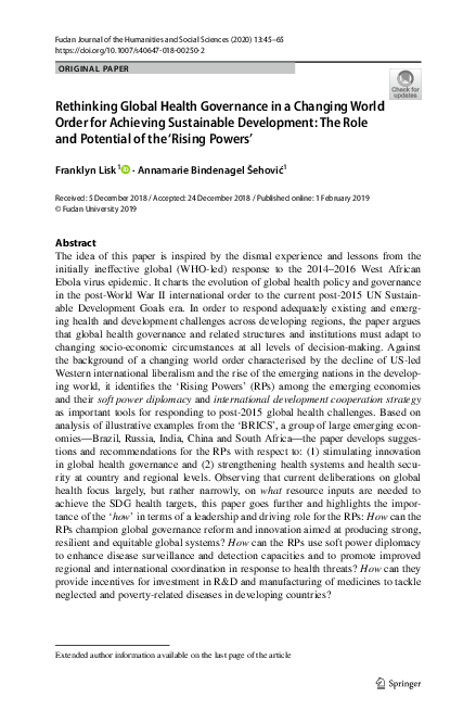 (PDF) Rethinking Global Health Governance in a Changing World Order for ...