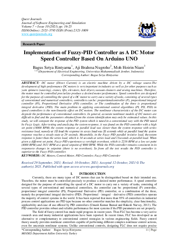 Pdf Implementation Of Fuzzy Pid Controller As A Dc Motor Speed Controller Based On Arduino Uno