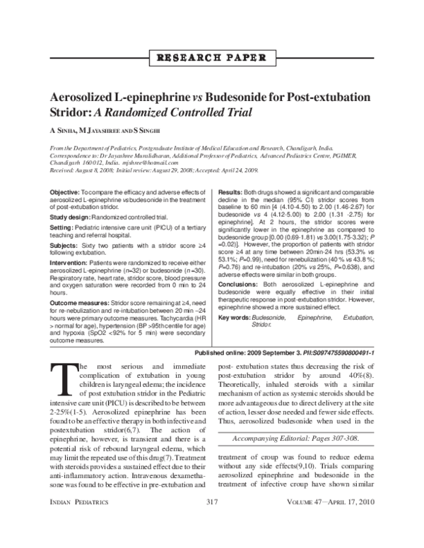 (PDF) Aerosolized L-epinephrine vs budesonide for post-extubation ...