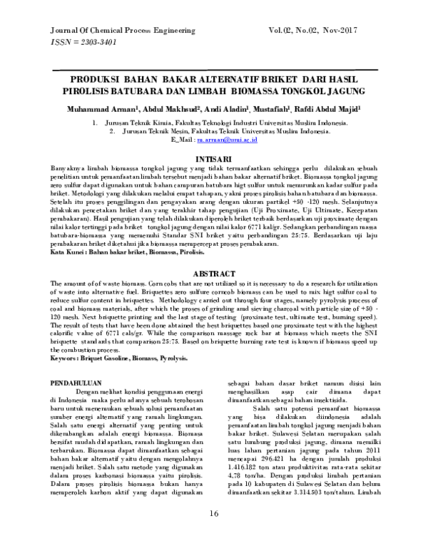 (PDF) Produksi Bahan Bakar Alternatif Briket Dari Hasil Pirolisis Batubara Dan Limbah Biomassa ...