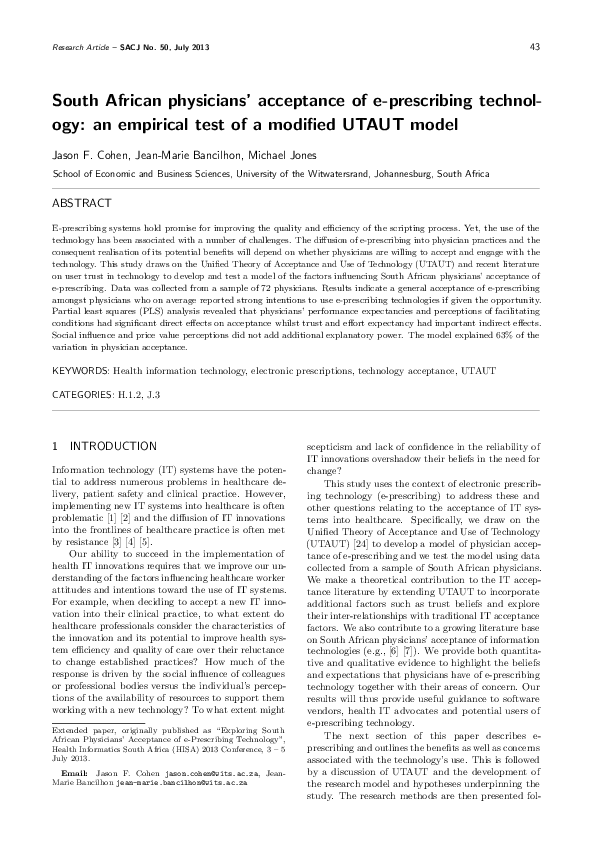 (PDF) South African physicians’ acceptance of e-prescribing technology ...